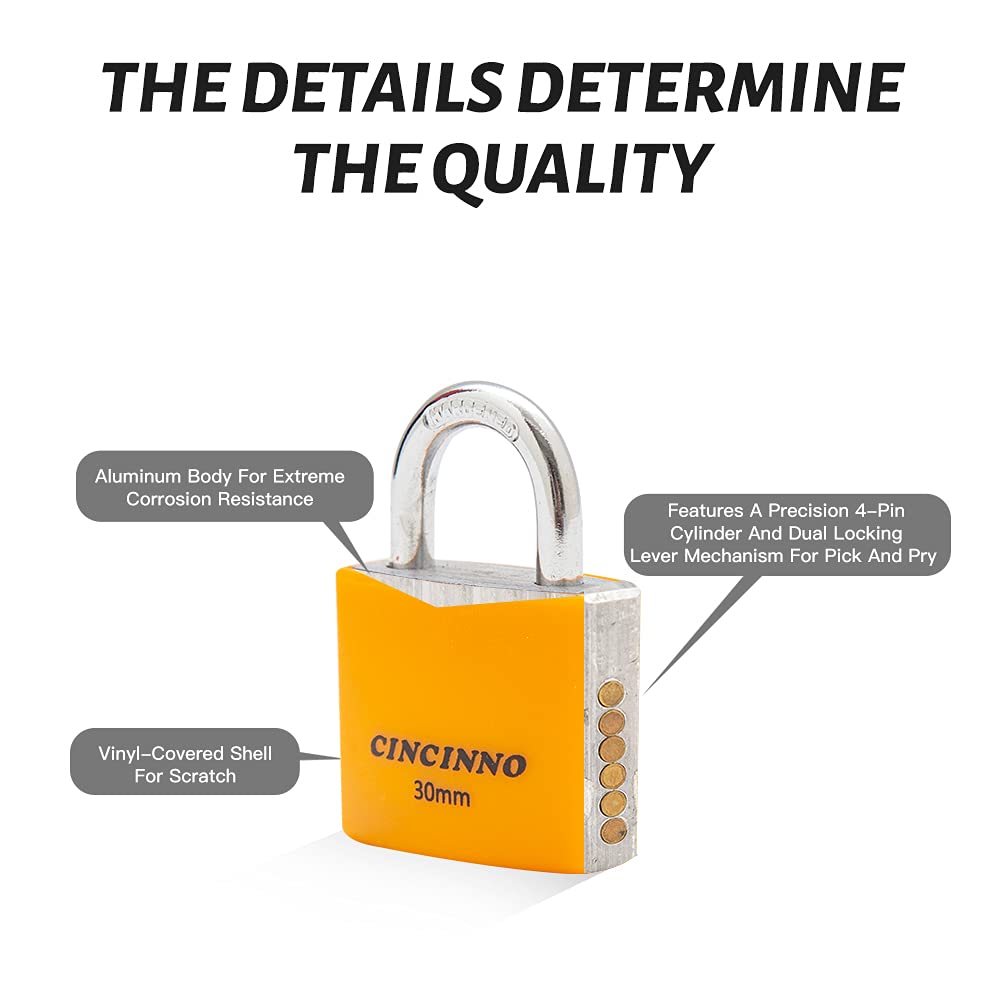 CINCINNO Set of 8 Small Locks,Covered Aluminum Keyed Alike Padlocks,30MM Weatherproof Lock with Same Key,Outdoor Padlock for Sheds, Storage Unit ,School Gym Locker, Toolbox