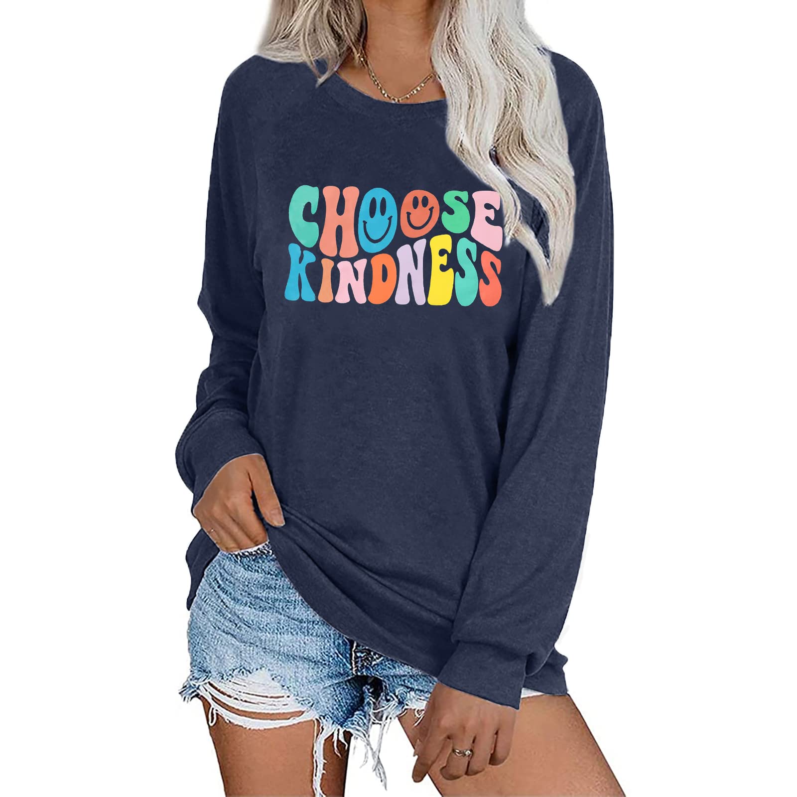 Choose Kindness Shirts Women Inspirational Graphic Tees Funny Casual Be Kind Long Sleeve Tops (Blue, XL)