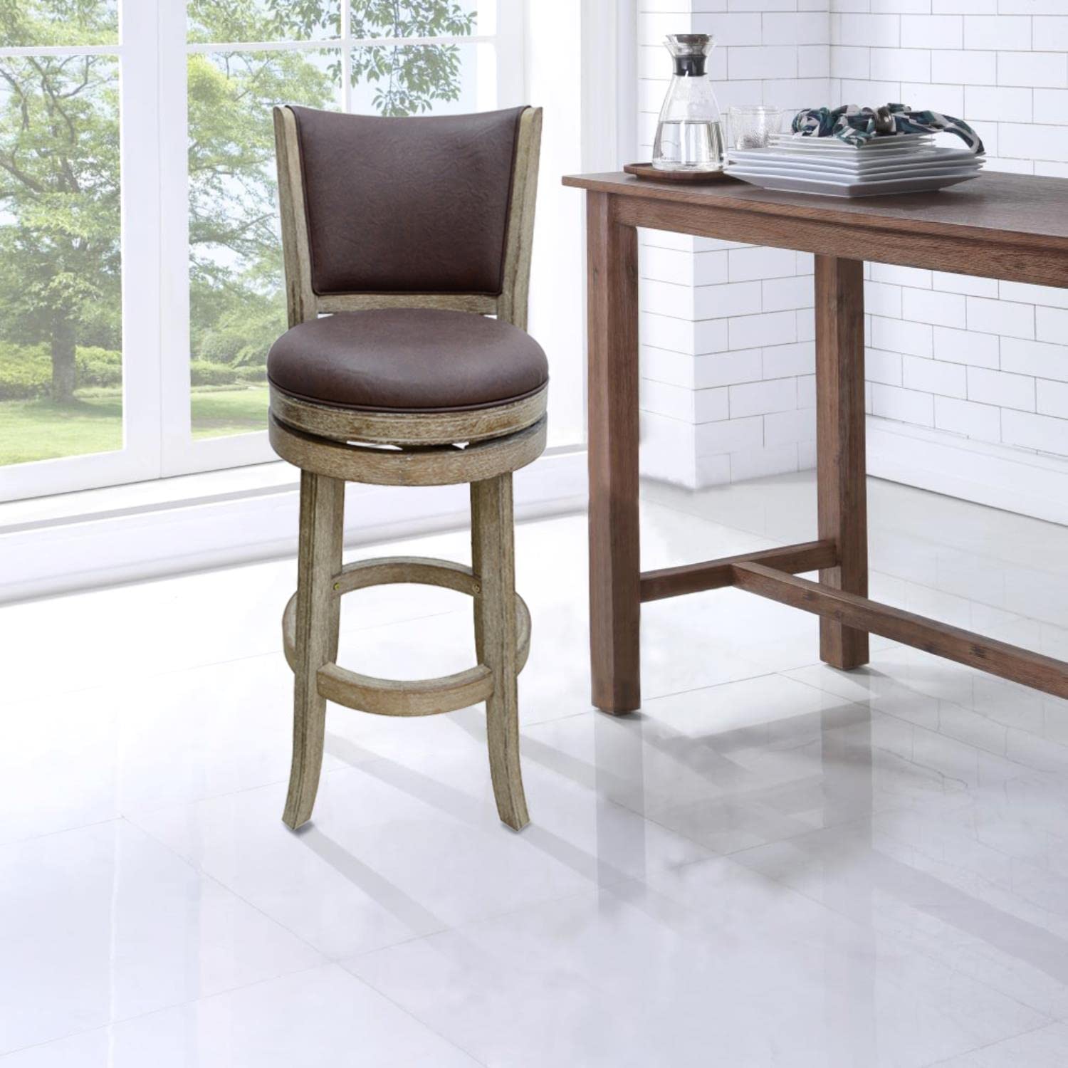 Boraam Toledo Wire-Brush Swivel Stool, 29-Inch, Weathered-White Wire-Brush and Dark Mocha