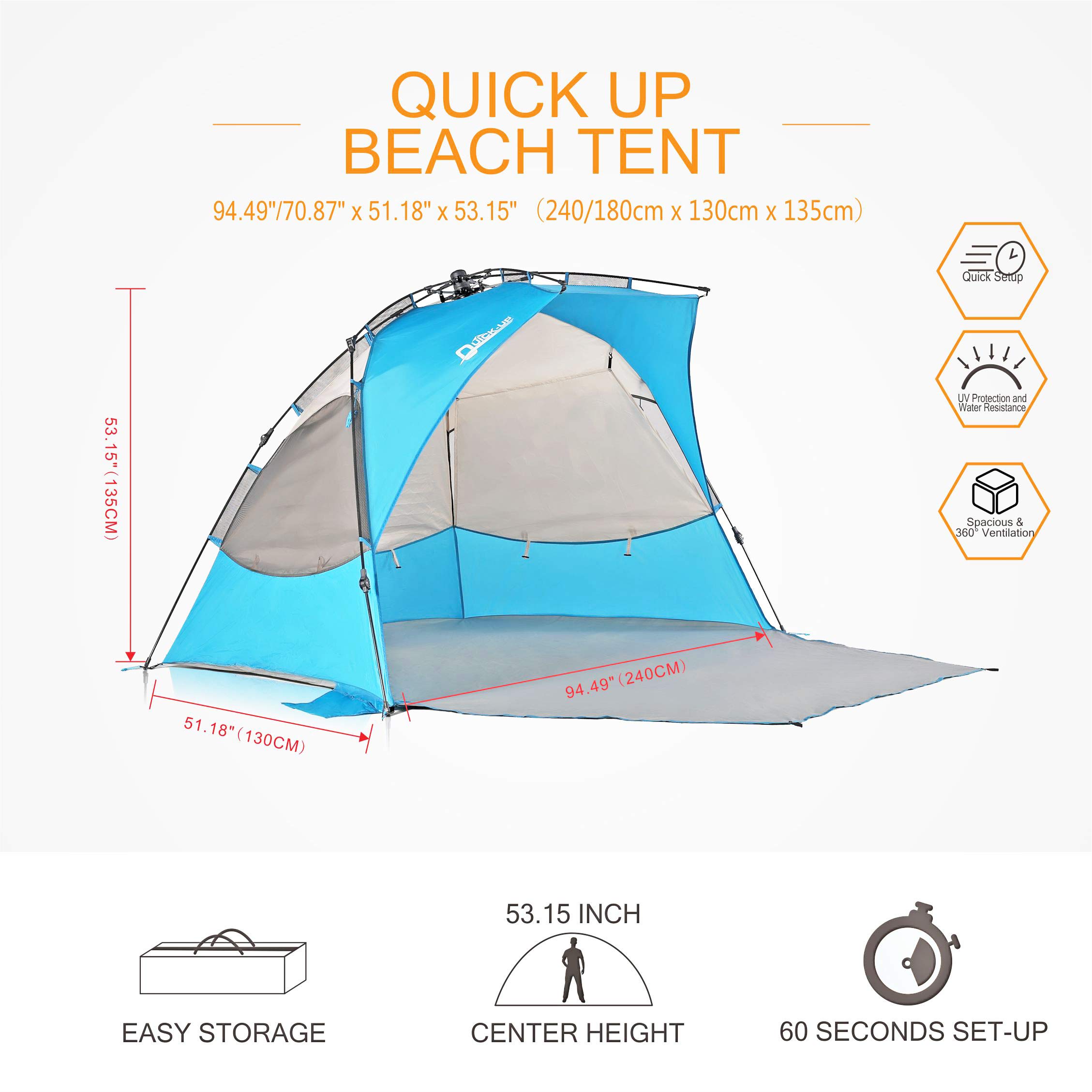 Beach Tent Pop Up with Sand Pocket for 4-5 Person, Easy Setup Sun Shelter Shade,UPF 50+ UV Protection, Lightweight & portable Beach Umbrella, Extended Floor&3 ventilating windows Extra XLarge