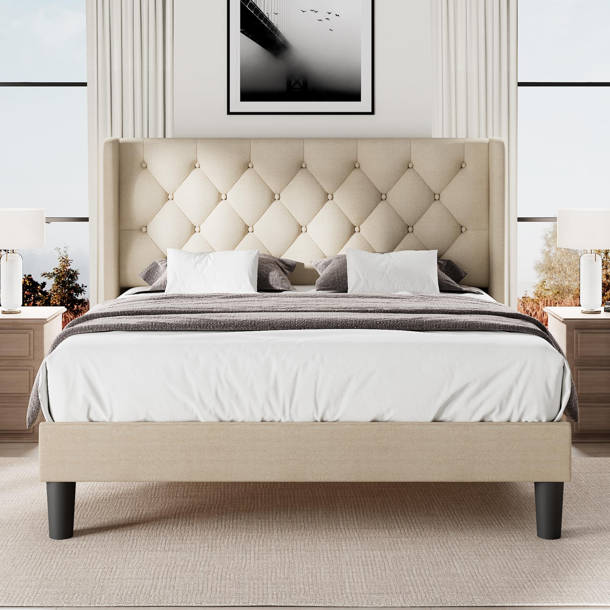 Einhomn Upholstered Queen Bed Frame with Wingback Headboard, Heavy Duty Bed Frame Queen Size, 8" Under Bed Storage, No Box Spring Needed, Easy Assembly, Beige