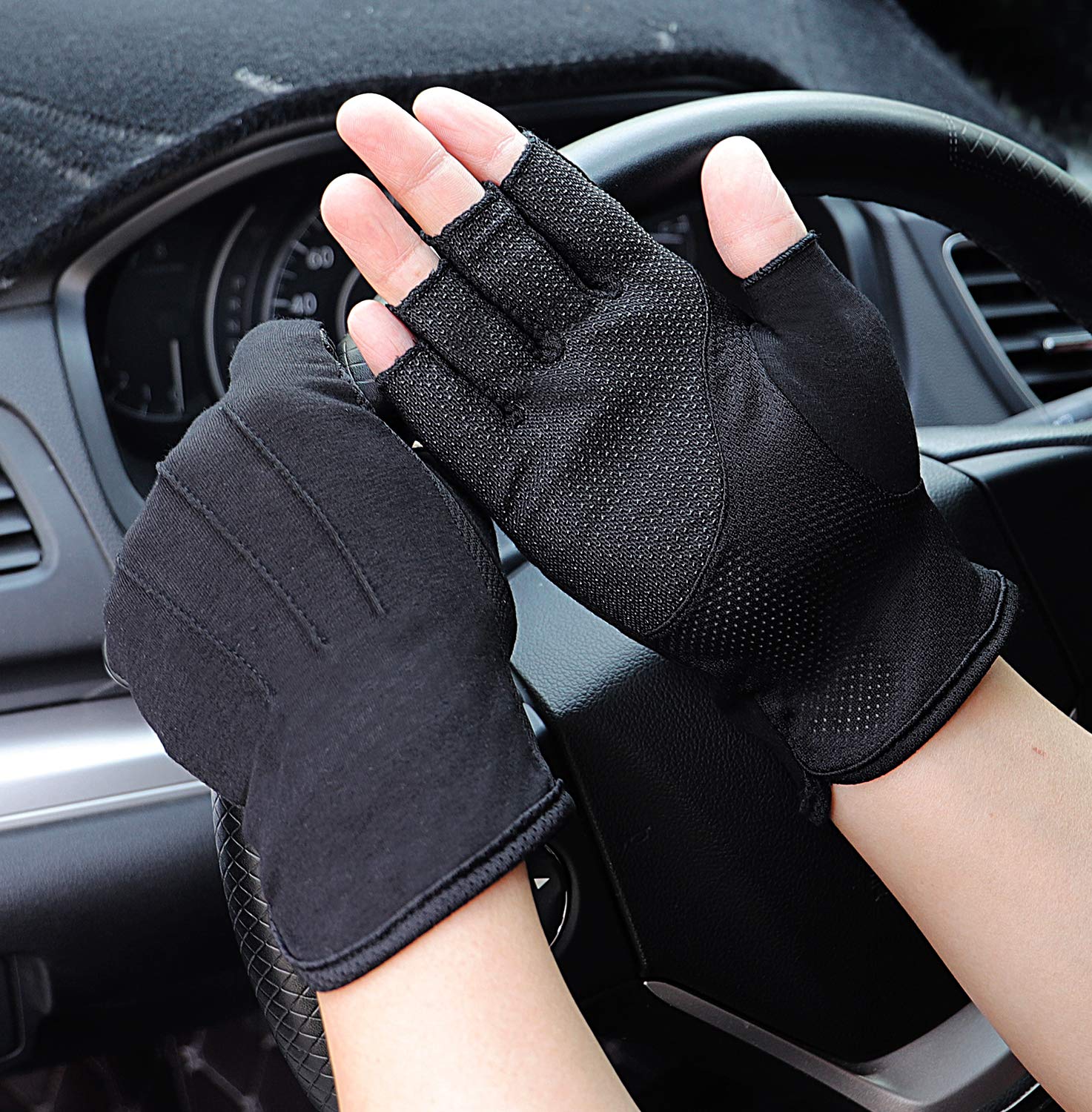 Bienvenu Mens Summer UV Protection Half Finger Outdoor Hiking Driving Cycling Riding Cotton Sunblock Gloves, Black