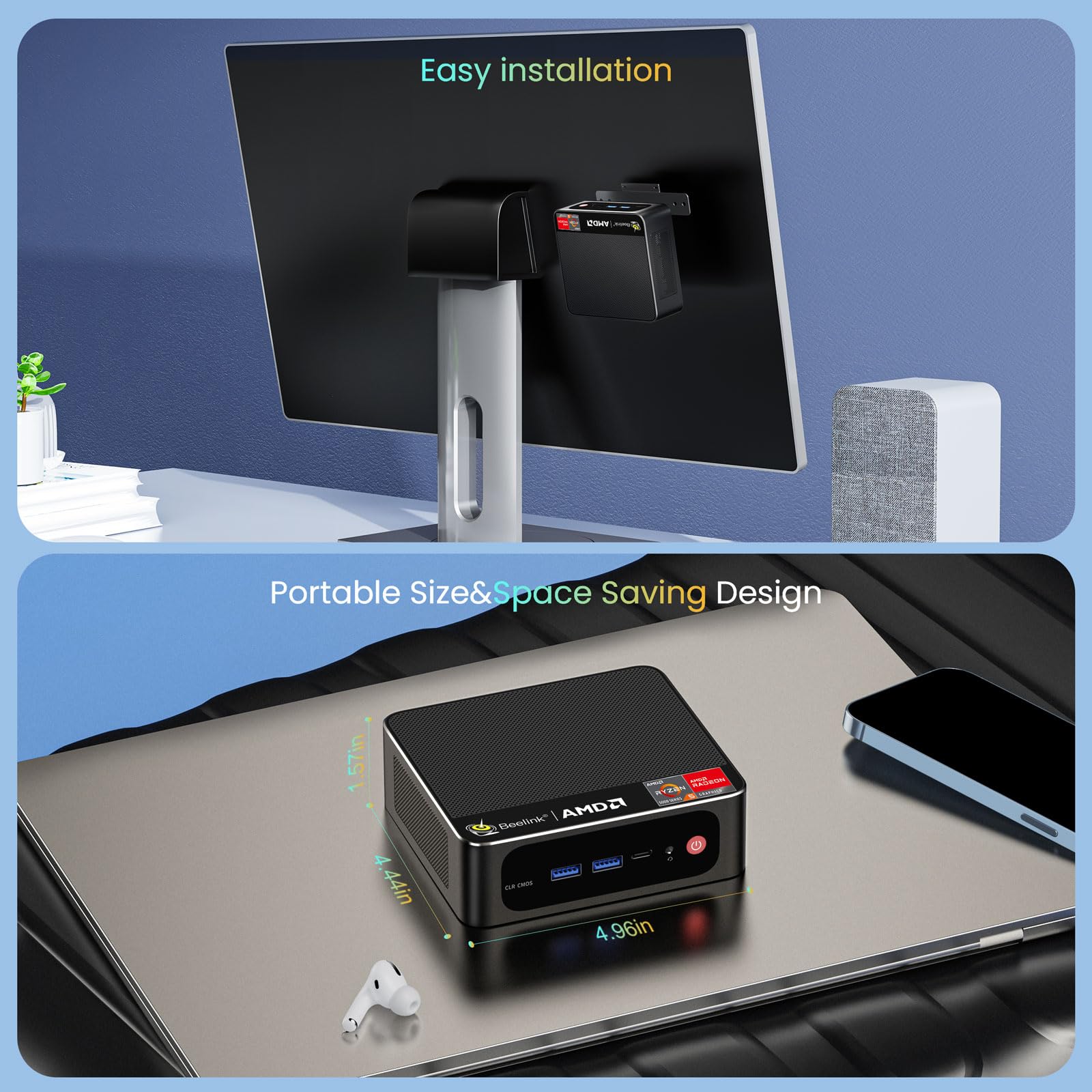 Beelink Mini PC, AMD Ryzen 5 5560U(6C/12T, Up to 4.0GHz), 16GB DDR4 RAM 500GB NVMe SSD, SER5 Mini Computers Support 4K@60Hz Triple Display WiFi6/BT5.2/DP1.4/HDMI2.0/USB3.2 Gaming/Office/Home