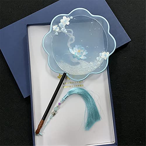 Chinese Suzhou Double-Sided Embroidery Hand Held Fan, China Hanfu Ancient Dance Translucent Silk Round Circular Fan with Tassel