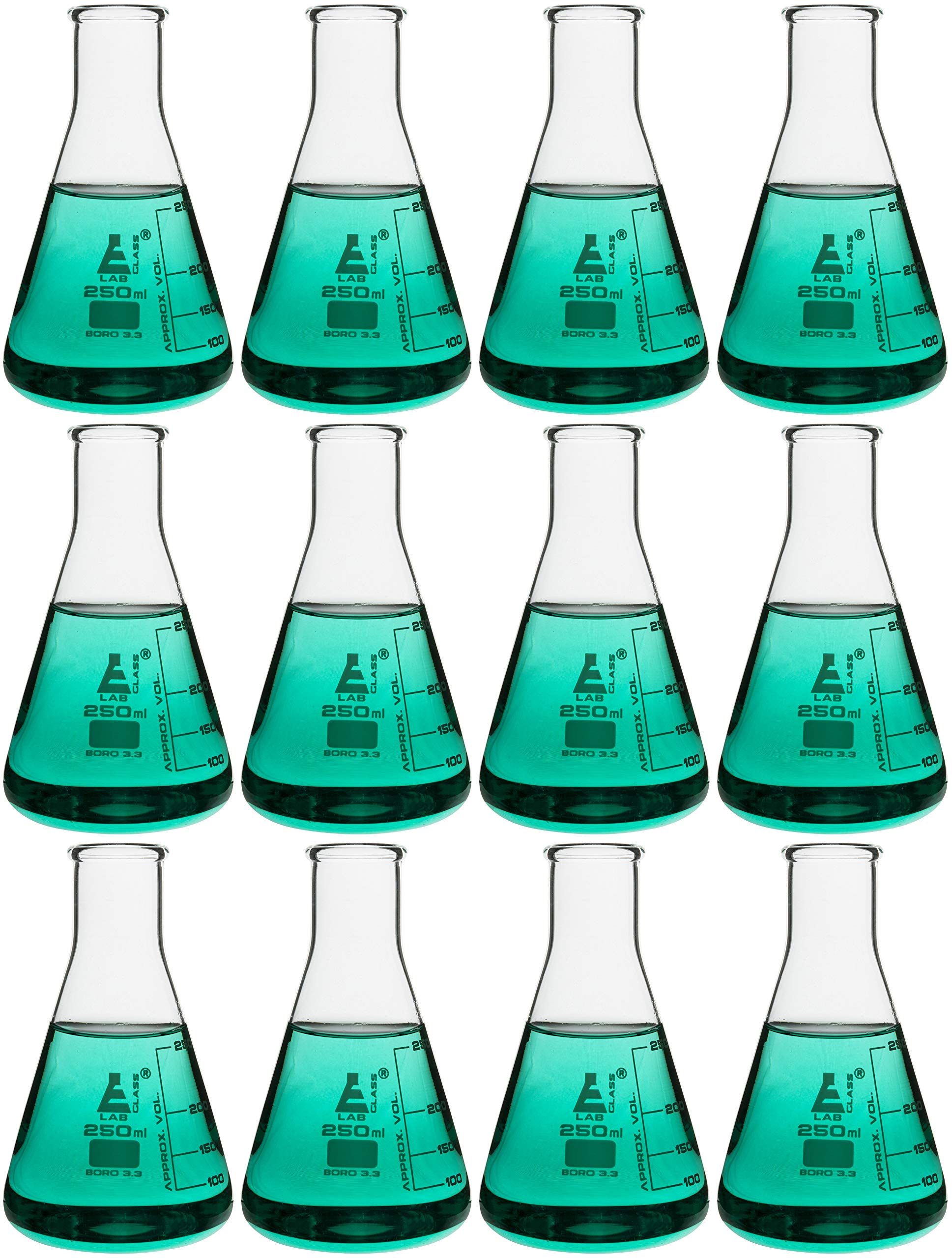 EISCO 12PK Erlenmeyer Flasks, 250mL - Borosilicate Glass - Narrow Neck Flasks, Conical Flasks, Glass Flasks