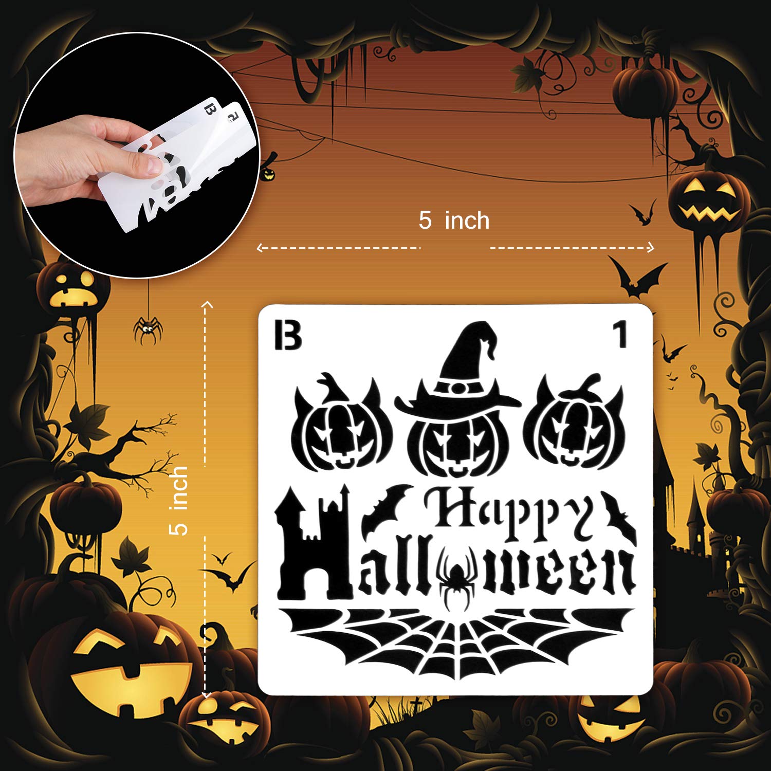 FEBSNOW 32 Pcs Halloween Painting Stencils Reusable Halloween Template Pumpkin Witch Skeleton Skull Vampire for DIY Craft Drawing Painting Spraying Window Glass Wood Airbrush Walls Art