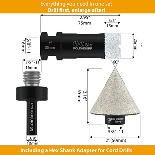 Diamond Core Drill Bits 1 Inch and Beveling Chamfer Bits 2 Inch Kit Vacuum Brazed Hole Saw with 5/8-11 Thread Plus 3/8 Inch Hex Shank Adapter (Set-1 with 1" (25mm) Diamond Drill Bit)