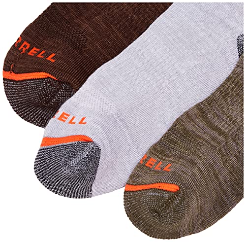 Merrell mens Cushioned Hiker Crew 3 Pair Casual Sock, Dark Brown, Dark Grey/Light Grey, Olive Green, Small-Medium US