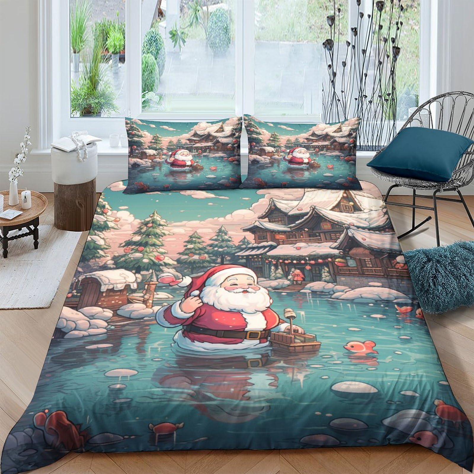 ERGTT Father Christmas Comforter Covers Quilt Cover Duvet Cover for Boys Girls 3D Printed Christmas with Zipper Closure Bedding Set with Pillow Cases Soft Microfiber 3 Pieces Queen(228x228cm)