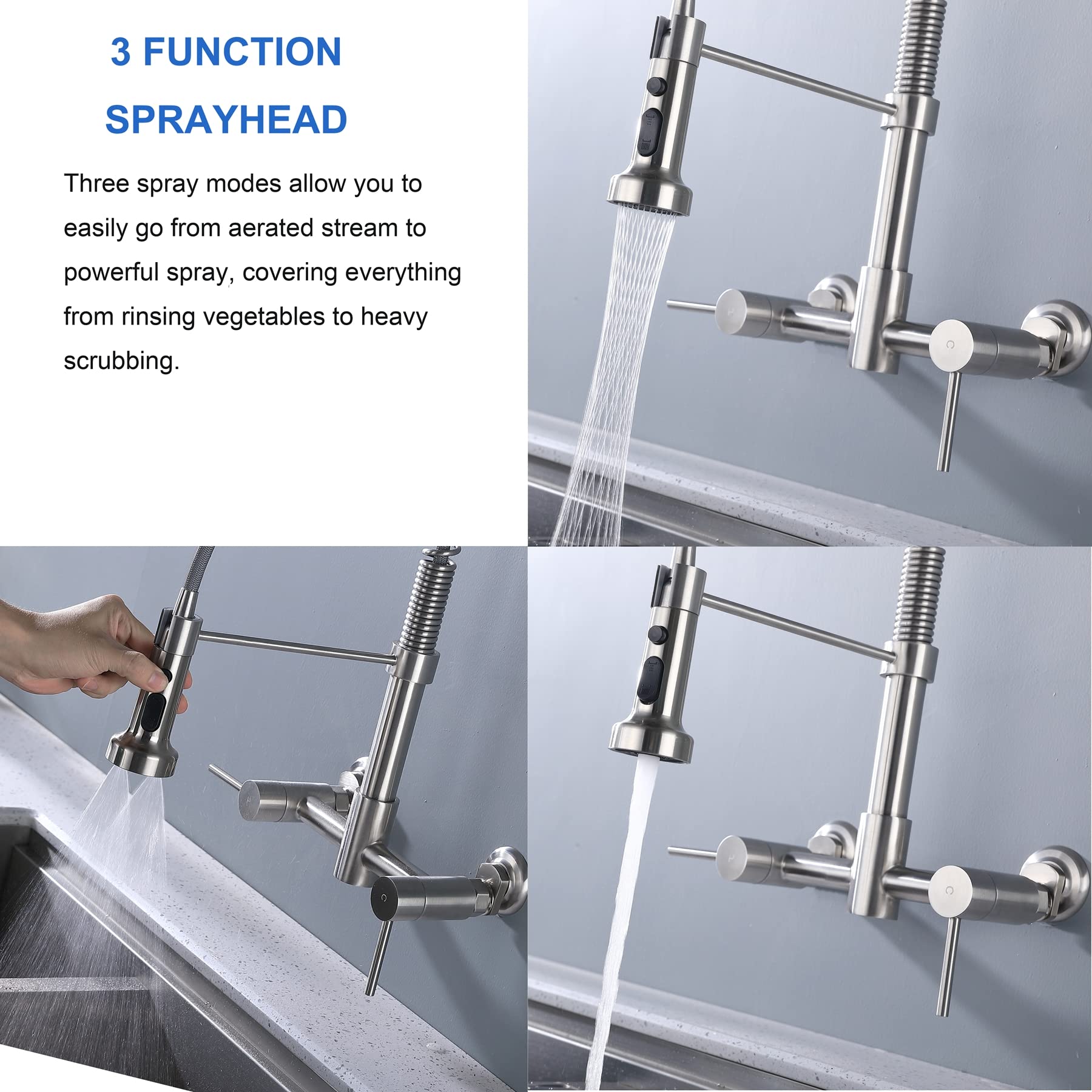 Fonveth Wall Mount Kitchen Faucet, 8 Inch Center Wall Mount Kitchen Sink Faucet with Pull Down Sprayer, Wall Mount Faucet with SprayerCommercial Wall Mount Faucet, Brushed Nickel
