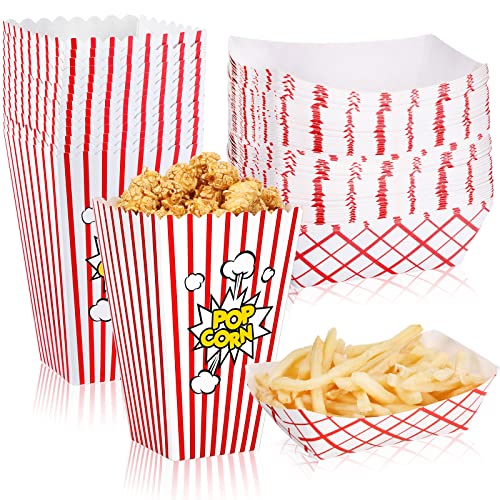 Sawysine 72 PCS Movie Party Supplies Include 36 Pcs Movie Night Popcorn Boxes and 36 Pcs Paper Food Trays Plastic Red White Striped Classic Popcorn Containers for Movie Night Theater Carnival Circus