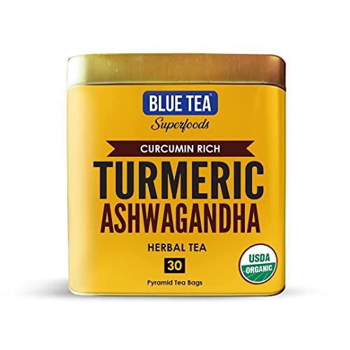 BLUE TEA - Turmeric Ashwagandha Tea - 30 Plant Based Tea Bags | PRIME SAVING DAY | AYURVEDIC BLEND | Turmeric Tea - High in Curcumin - CAFFEINE FREE | Non-GMO - Vegan - Gluten Free | Reusable Tin Pack