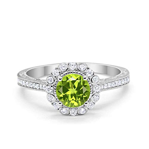 Blue Apple Co. Art Deco Filigree Halo Wedding Engagement Bridal Ring Solid Round Simulated Peridot 925 Sterling Silver, Size-8