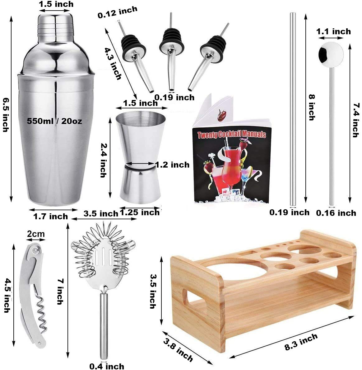 Cocktail Shaker Set with Stand, 15 Piece Bartender Kit Home Bar Accessories - Martini Shaker with Built-in Strainer, Muddler, Jigger, Drink Shaker 304 Stainless Steel, House Warming Gitfs New Home