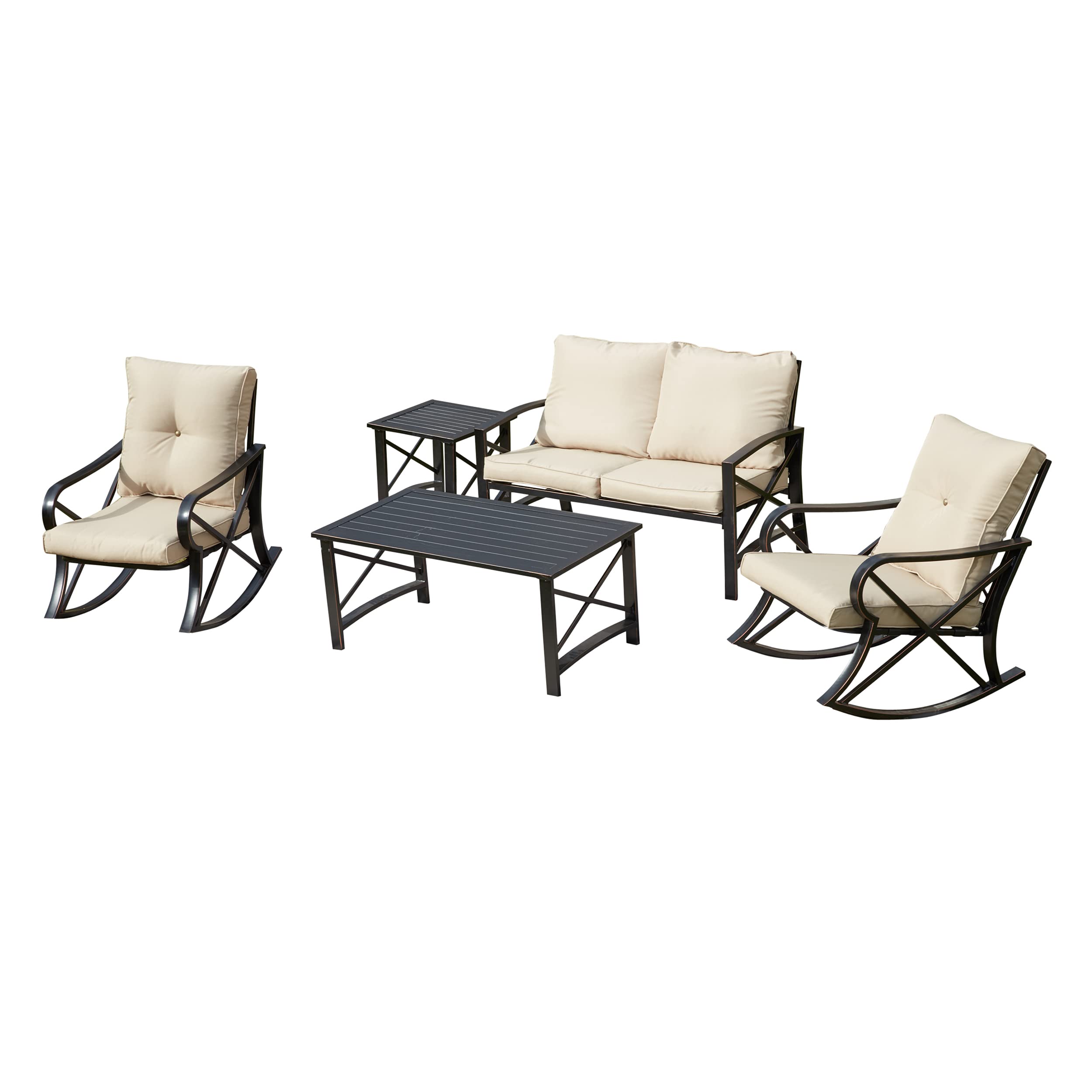 LOKATSE HOME 5 Pieces Outdoor Loveseat Set Rocking Chairs Patio Conversation Furniture Metal Bench with Cushion & Coffee Table, Khaki