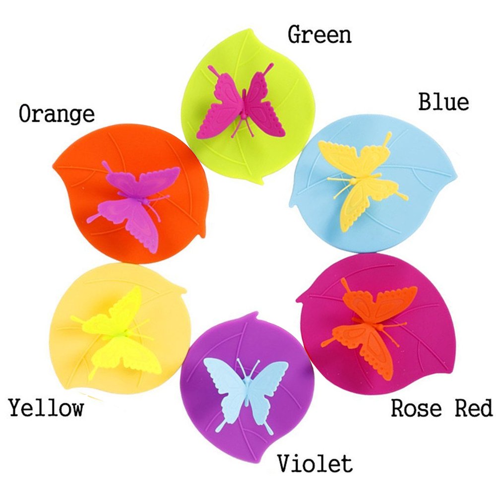Food Grade Silicone Cup Lids, IPHOX Creative Butterfly Mug Cover [Set of 6] Anti-dust, Airtight Seal, Silicone Drink Cup Lids, Hot Cup Lids (Butterfly)