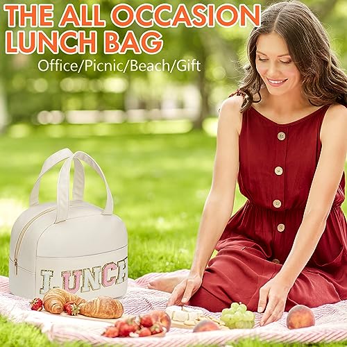 DIRGEE Lunch Bag for Women Insulated Lunch Bag For Men PU leather Small Lunch Bag for Office Work lunch Bag with Chenille Letters Leakproof Freezable Cooler Bag Reusable Portable Lunch Box (White)
