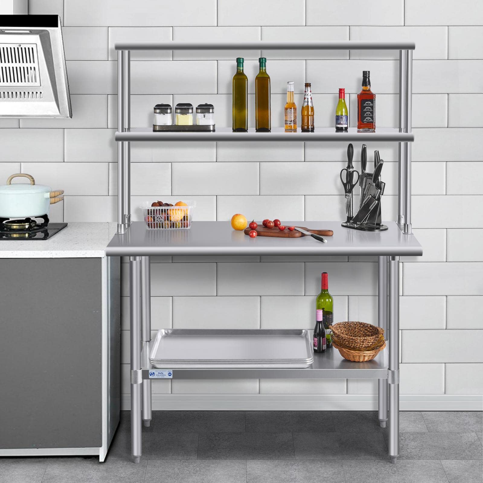 HALLY Double Overshelf of Stainless Steel 12'' x 72'' Weight Capacity 420lb, Commercial 2 Tier Shelf for Prep & Work Table in Restaurant, Home or Kitchen