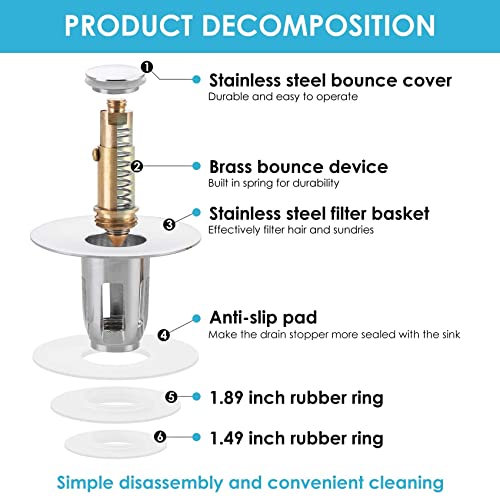 Drifop Universal Bathroom Sink Stopper, Pop-up Sink Drain Stopper, Sink Plug, Sink Strainer and Hair Catcher for 1.02-1.96β Bathroom Sink Drain Upgraded (Silver, 1 PCS)
