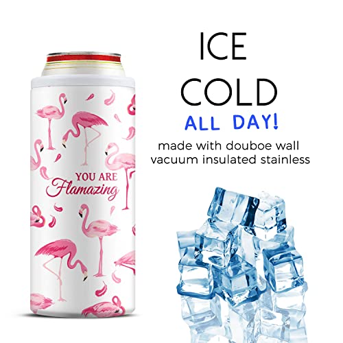Slim Can Cooler Insulated Skinny Stainless Steel Doucle Freezable Can Cooler Sleeve Hard Seltzer 12 oz Slim Cans (Flamingo)