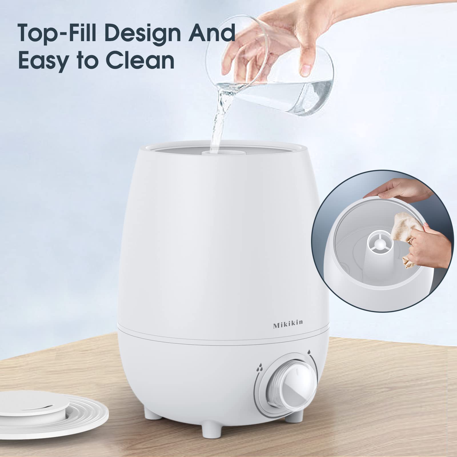 Mikikin Cool Mist Humidifiers, Ultrasonic Air Humidifier for Bedroom, Baby, Nursery, Home, Quiet, 3L Top Fill Humidifier with 360° Rotatable Nozzle, Essential Oils Tray, Auto Shut-Off, Easy to Clean