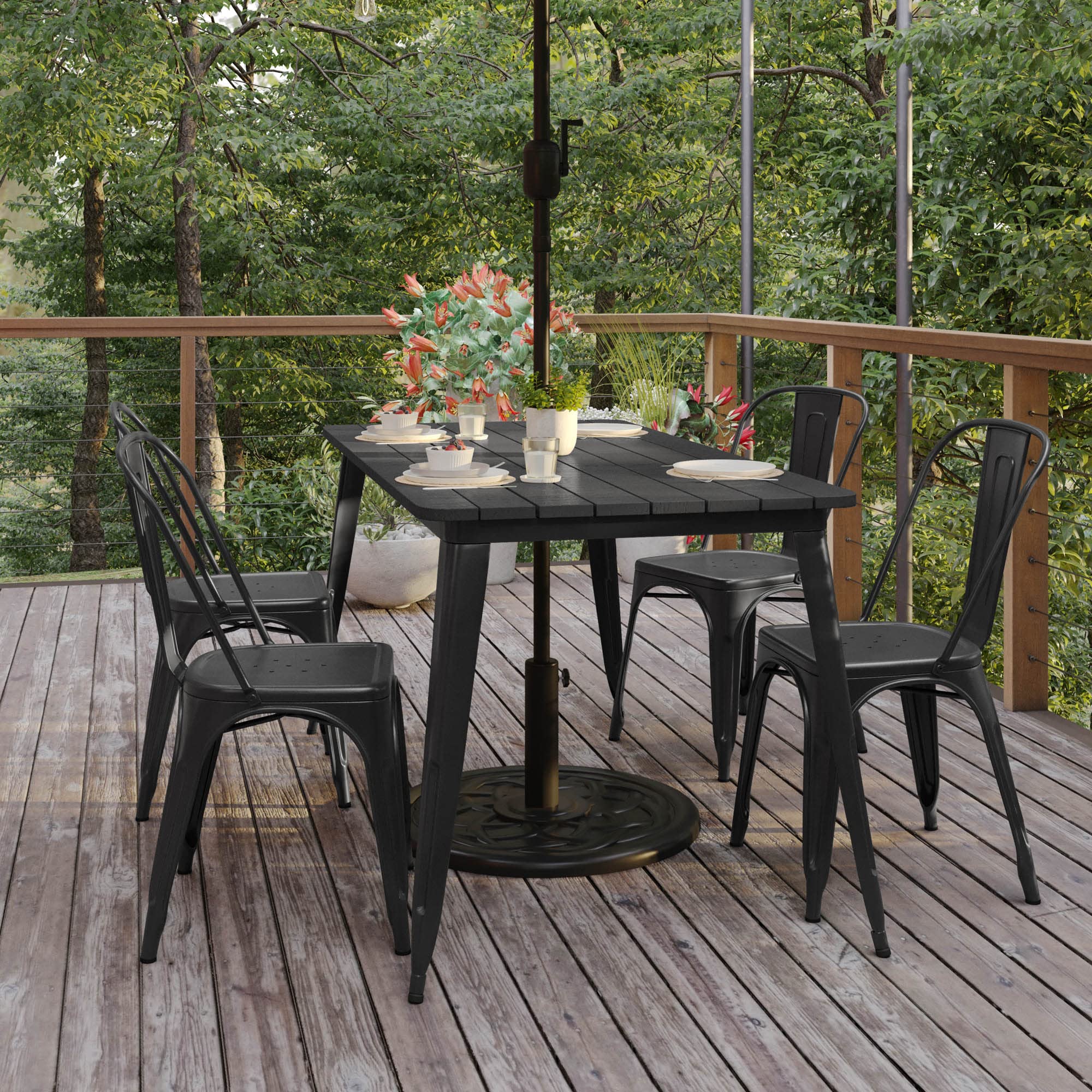 Flash Furniture Declan Commercial Outdoor Dining Table with Umbrella Hole, All Weather Poly Resin Top and Steel Base, 30" x 60", Black/Black