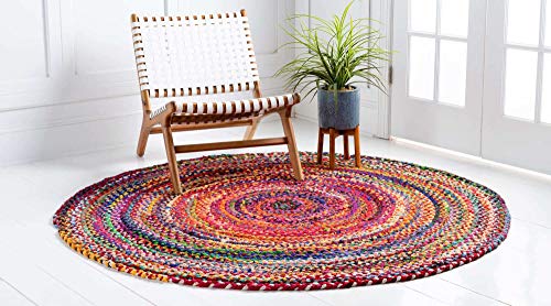 Unique Loom Braided Chindi Collection Area Rug - Layer (3' 3" Round, Multi/ Blue)