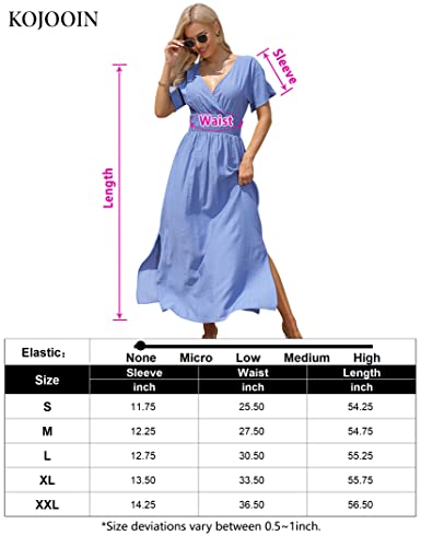 KOJOOIN Womens V Neck Short Sleeve Solid Long Dresses Smocked High Waist Slit Maxi Dress Blue M