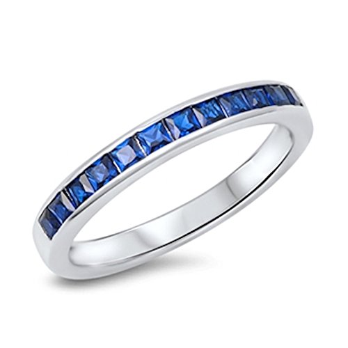 Blue Apple Co. 3MM Half Eternity Wedding Band Ring Princess Cut Simulated Sapphire CZ 925 Sterling Silver