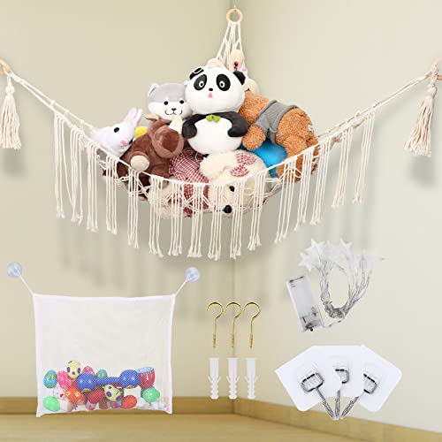 Stuffed Animal Hammock Macrame with Light and Storage Bag, Toy Hammock Corner Organizer Display Holder Net for Hanging Toy Storage and Home Cleaning(Beige)