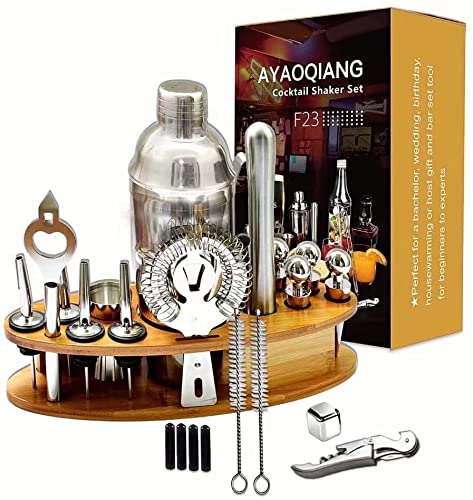 Cocktail Shaker Set with Stand, 24 Pcs 750mL Stainless Steel Cocktail Bartender Kit with Stand,Perfect Home Bartending Kit and Martini Cocktail Shaker Set for an Awesome Drink Mixing Experience