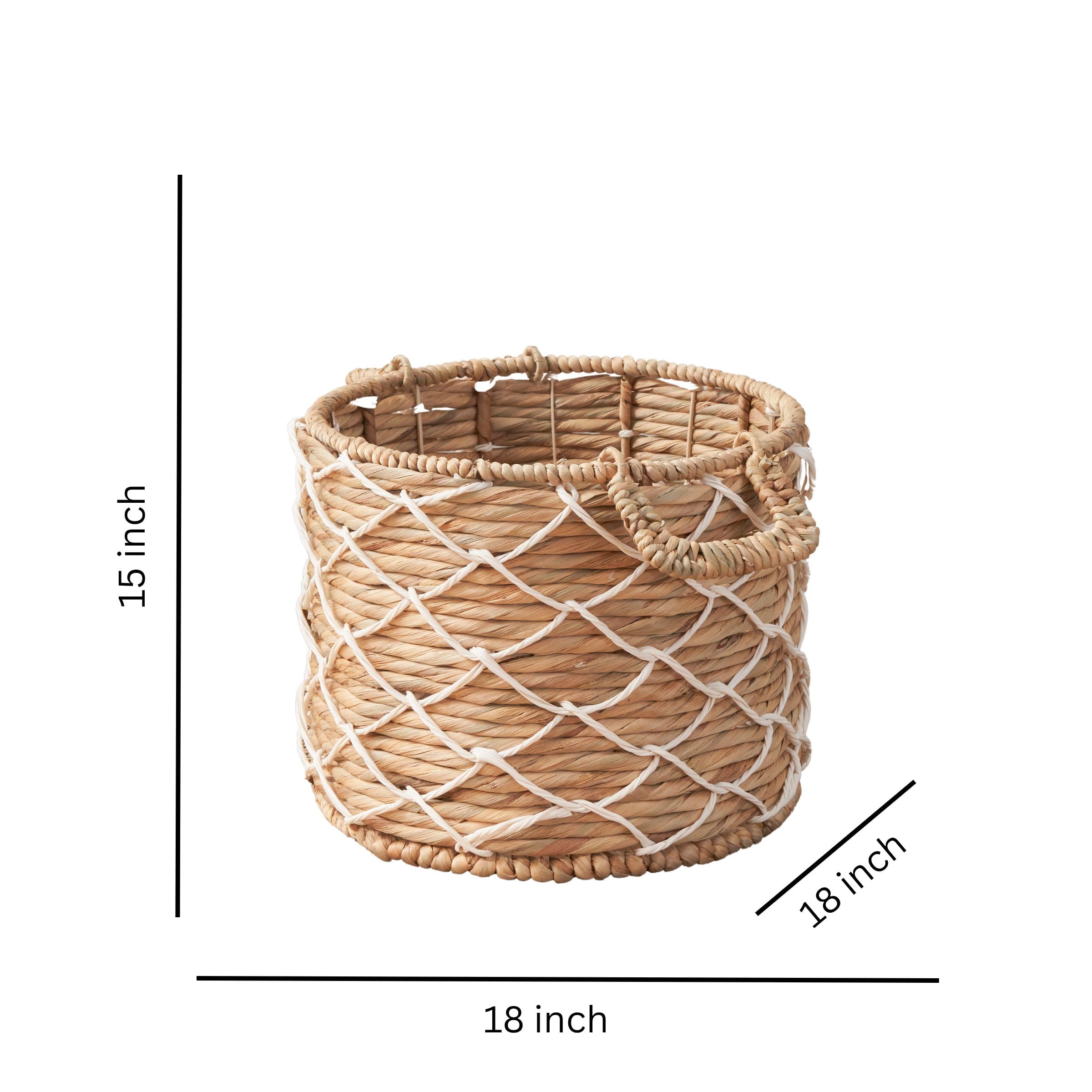 Woven Water Hyacinth Wicker with Rope Storage Basket (18" x 18" x 15" - Natural Brown) - Ideal for Halloween, Thanksgiving, and Home Organization