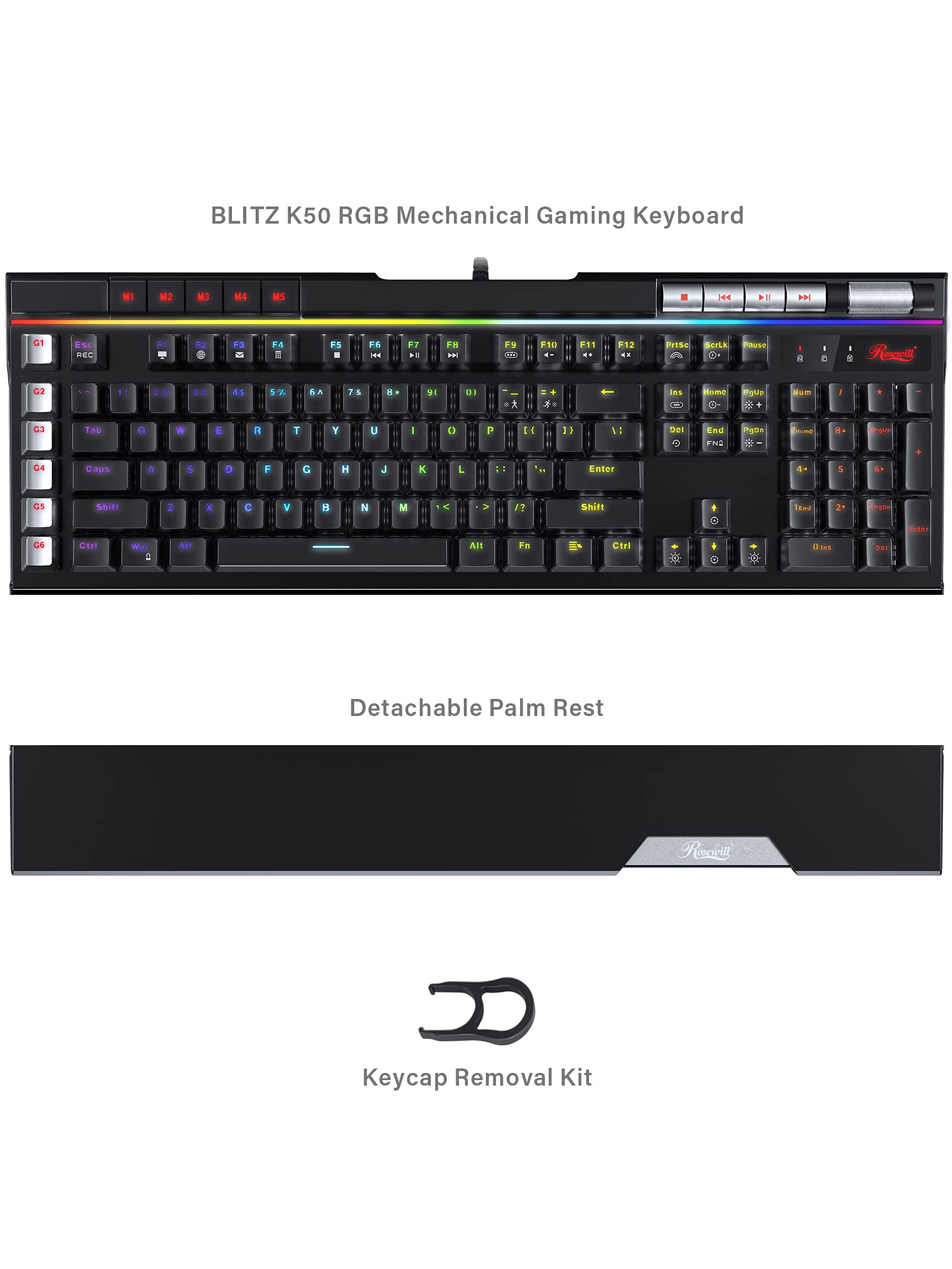 Rosewill Blitz K50 RGB BR Wired Gaming Tactile Mechanical Keyboard, 14 RGB Backlight Anti-Ghosting 6 Macro Keys, Dedicated Media Controls
