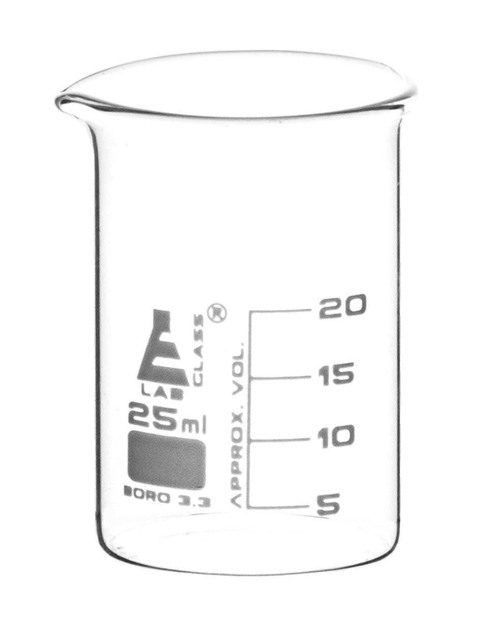 EISCO Beaker, 25ml - Low Form with Spout - White, 5ml Graduations - Borosilicate 3.3 Glass