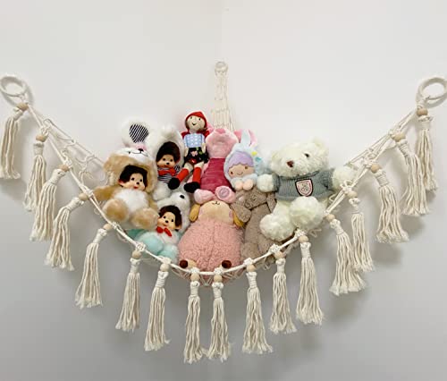 Stuffed Animal Hammock Macrame - Toy Hammock for Stuffed Animals - Stuff Animal Organizer Corner Storage Hanging Fringe - Stuffed Animal Display Holder Net Tassels for Nursery Décor, White (TH-003)