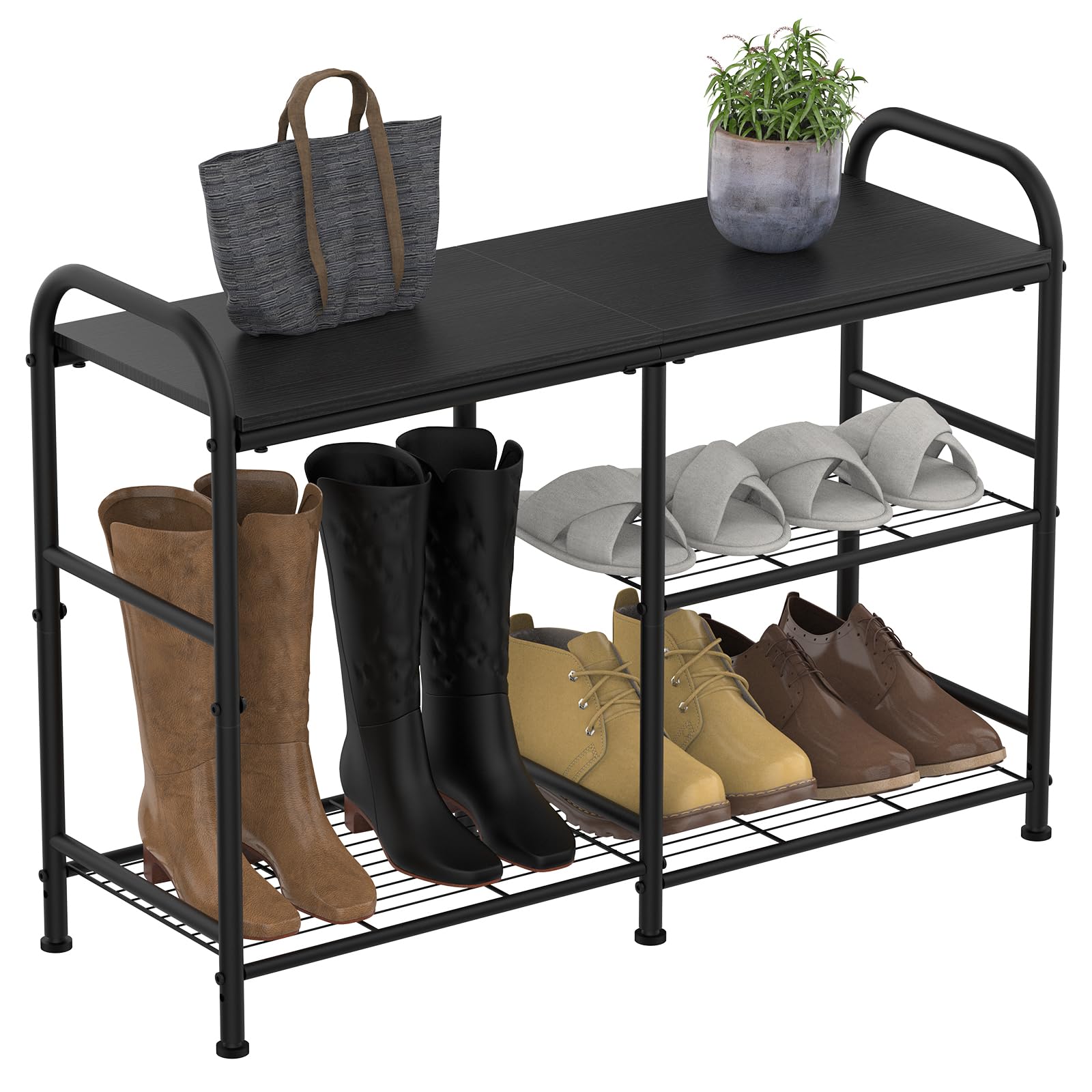 Entryway Shoe Rack Organizer, Free Standing Shoe Rack for Closet with Mesh Shelves and MDF Board, Modern Black Shoe and Boots Storage Shelf for Hallway Doorway