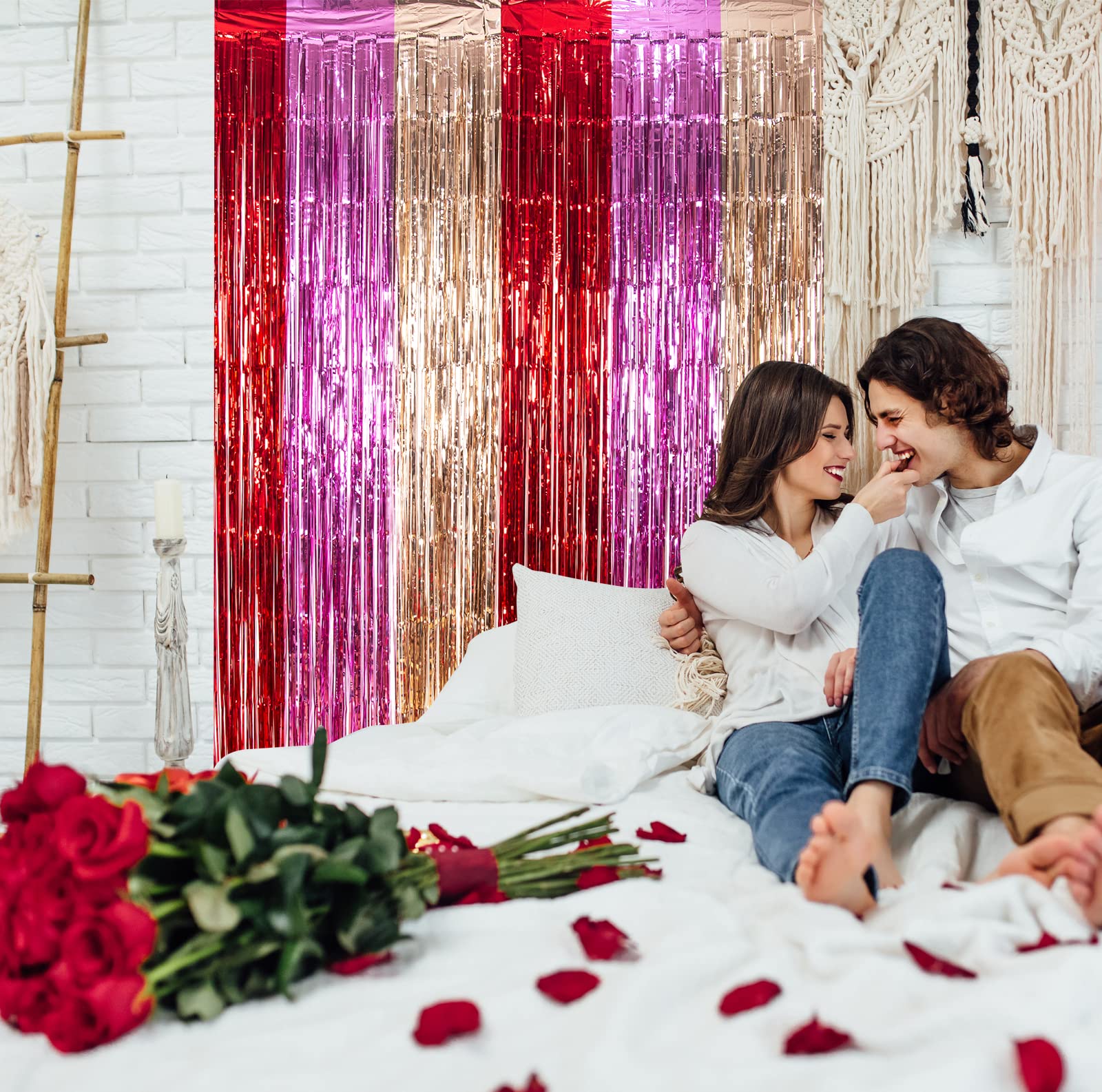 LOLStar 3 Pack Valentine's Day Photo Booth Props Valentines Day Party Decorations 3.3X6.6 ft Red Pink and Champagne Gold Foil Fringe Curtains Backdrop Streamers for Valentine's Day Decor