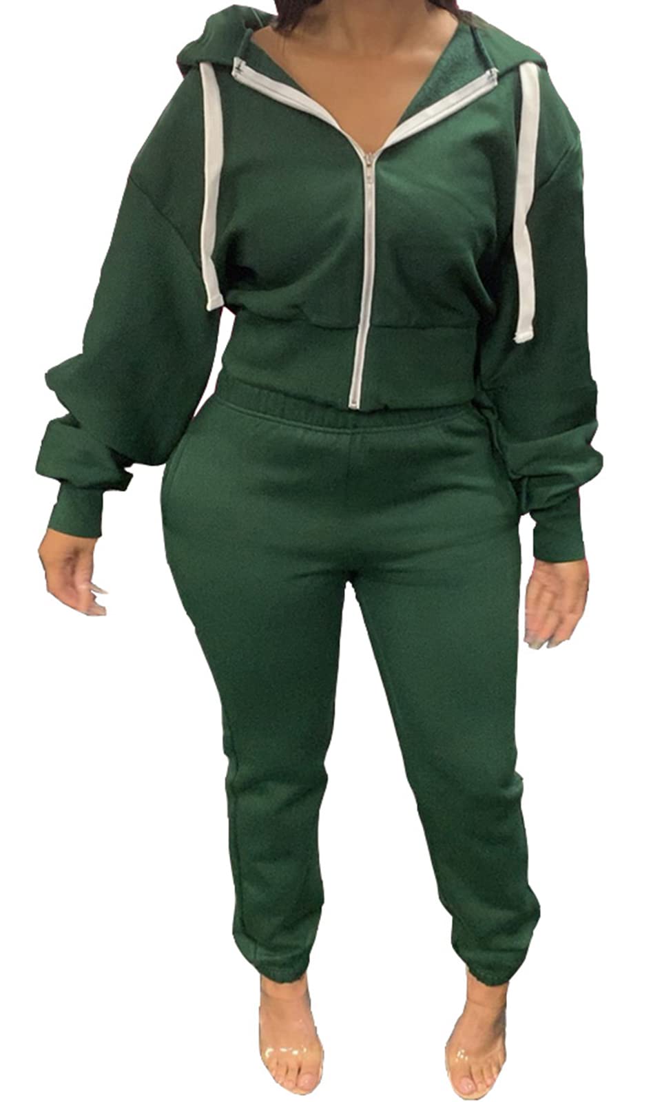 Choichic Women's Jogging Suits Two Piece Sweatsuit Long Sleeve Zip Up Crop Top Long Pants Tracksuit Set Jumpsuits Pants Set Deep Green X-Large
