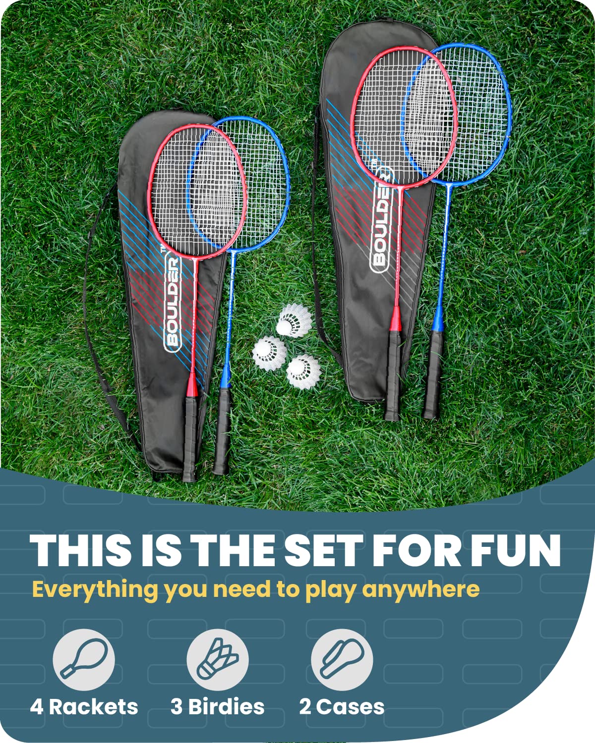 Boulder Sports Badminton Racket Set - Lightweight Badminton Rackets with 3 Shuttlecocks and Racquet Case - Badminton Set for Backyard or Outdoor Games