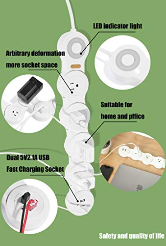 Flexible Surge Protector Power Strip, 6 Feet Long Cord 4 Outlets 2 USB (10V/13amp Flat Plug) with Overload Protection Extension Cord,Suitable for Home Office Travel,White