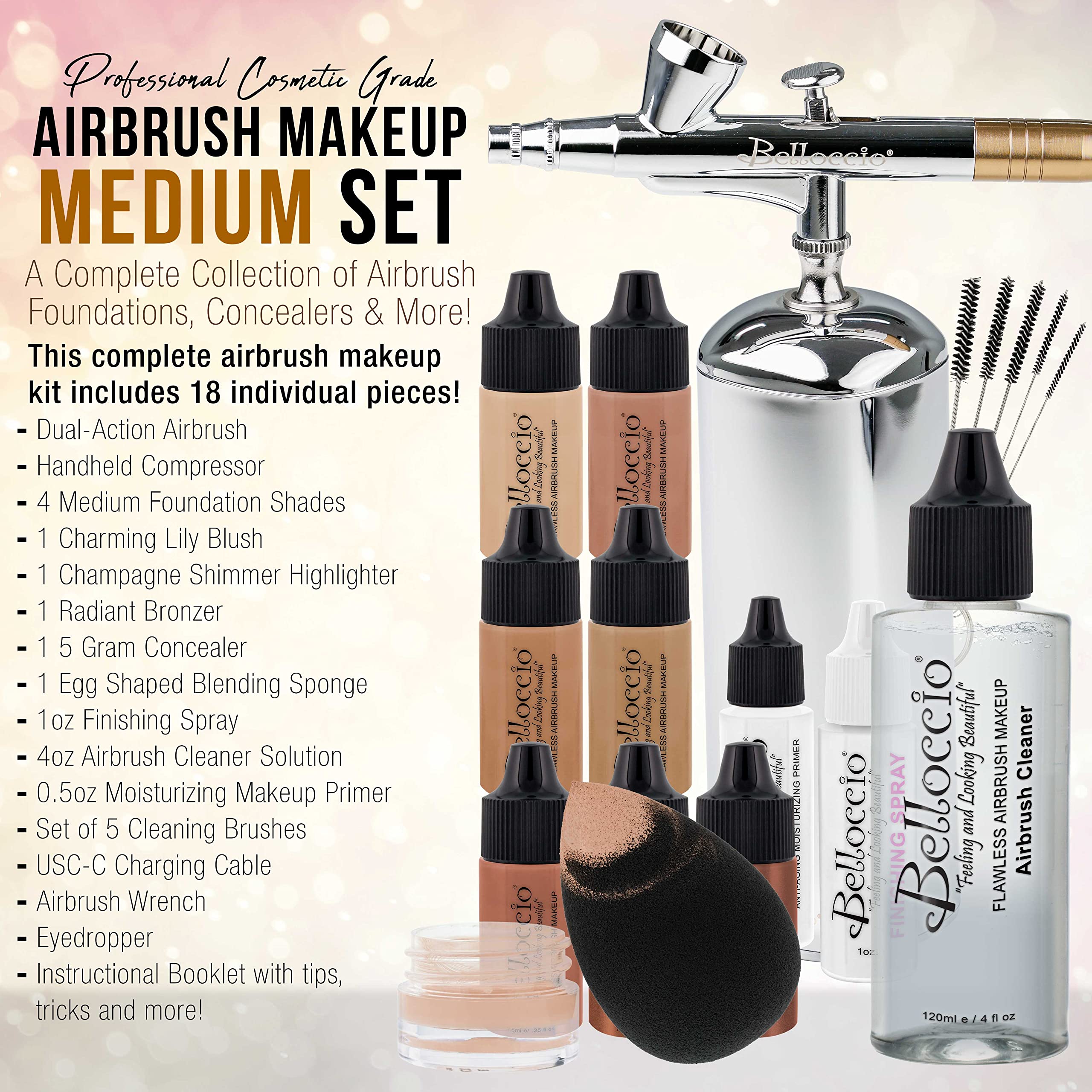 Belloccio Complete Cordless Handheld Airbrush Cosmetic Makeup System with 4 Medium Foundation Shades, Professional 18-Piece Kit, Moisturizing Primer, Blush, Bronzer, Highlighter, Concealer, User Guide