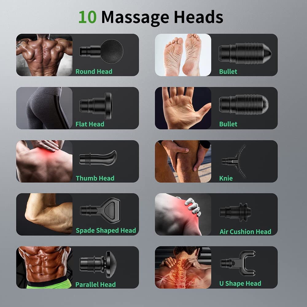 Cholas Massage Gun, Muscle Therapy Gun for Athletes, Deep Tissue Percussion Body Massager with 30 Adjustable Speeds, 10 Types of Heads, Handheld Neck Back Pain Relief