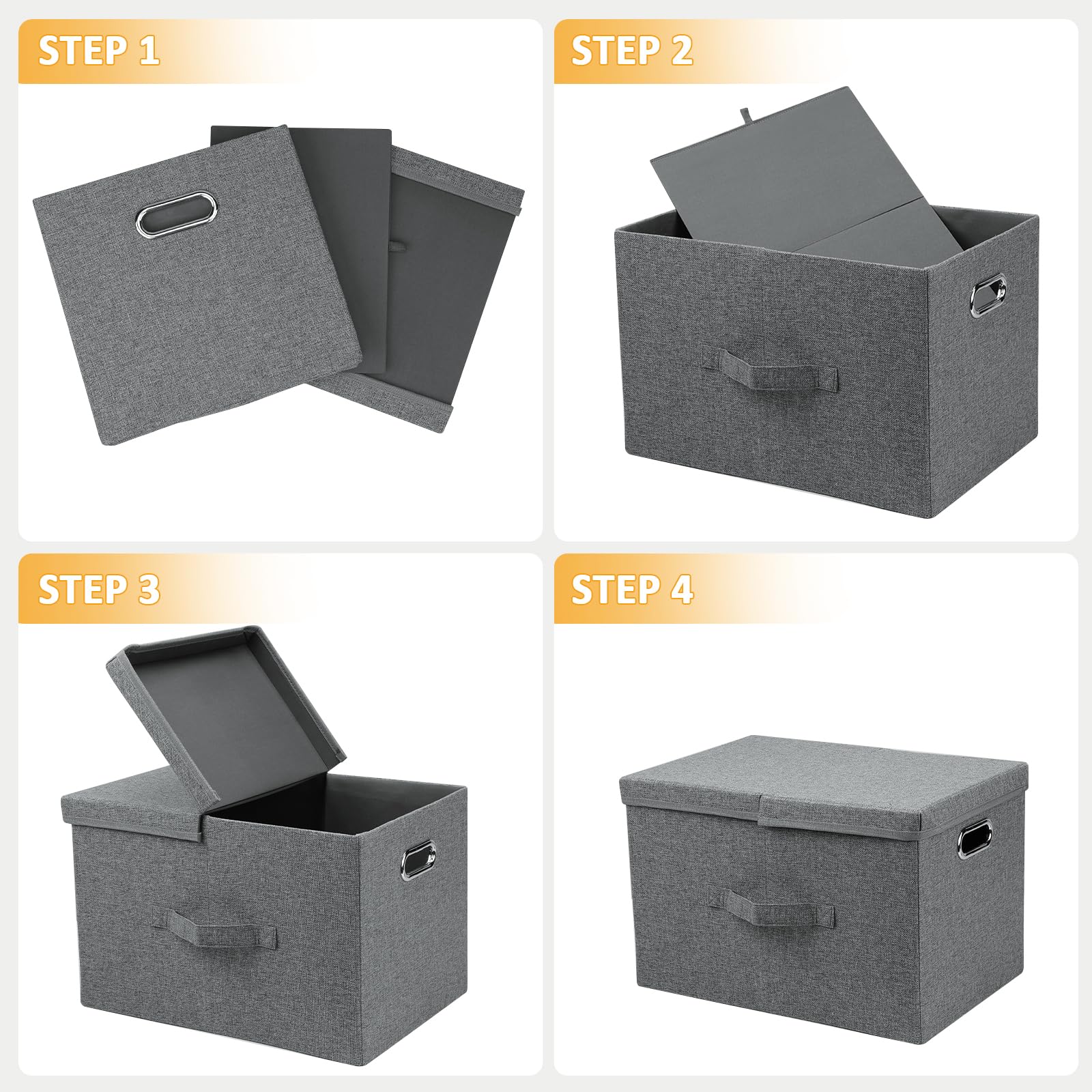 Bellzacasa Extra Large Collapsible Storage Bins with Lids, 3 Pack Linen Fabric Foldable Storage Bin Cube with 4 Handles, Storage Baskets Box for Home, Office, Closet, Gray, 22.8x15.7x11.8β