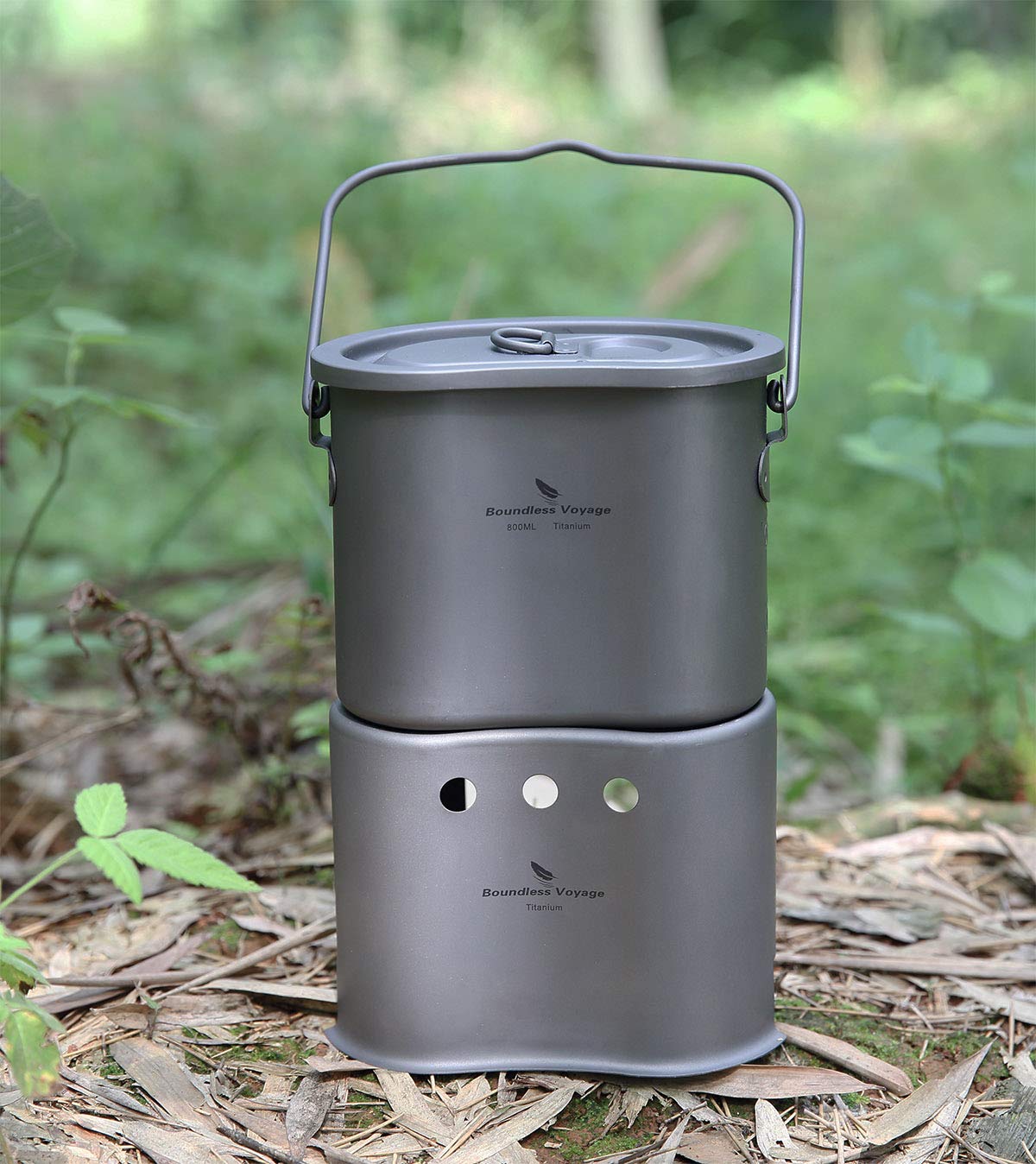 Boundless Voyage 2 in 1 Titanium Canteen Cup Wood Stove Set with Folding Handle and Hanging Ring Portable for Outdoor Hiking Camping Traveling A-Ti2005C