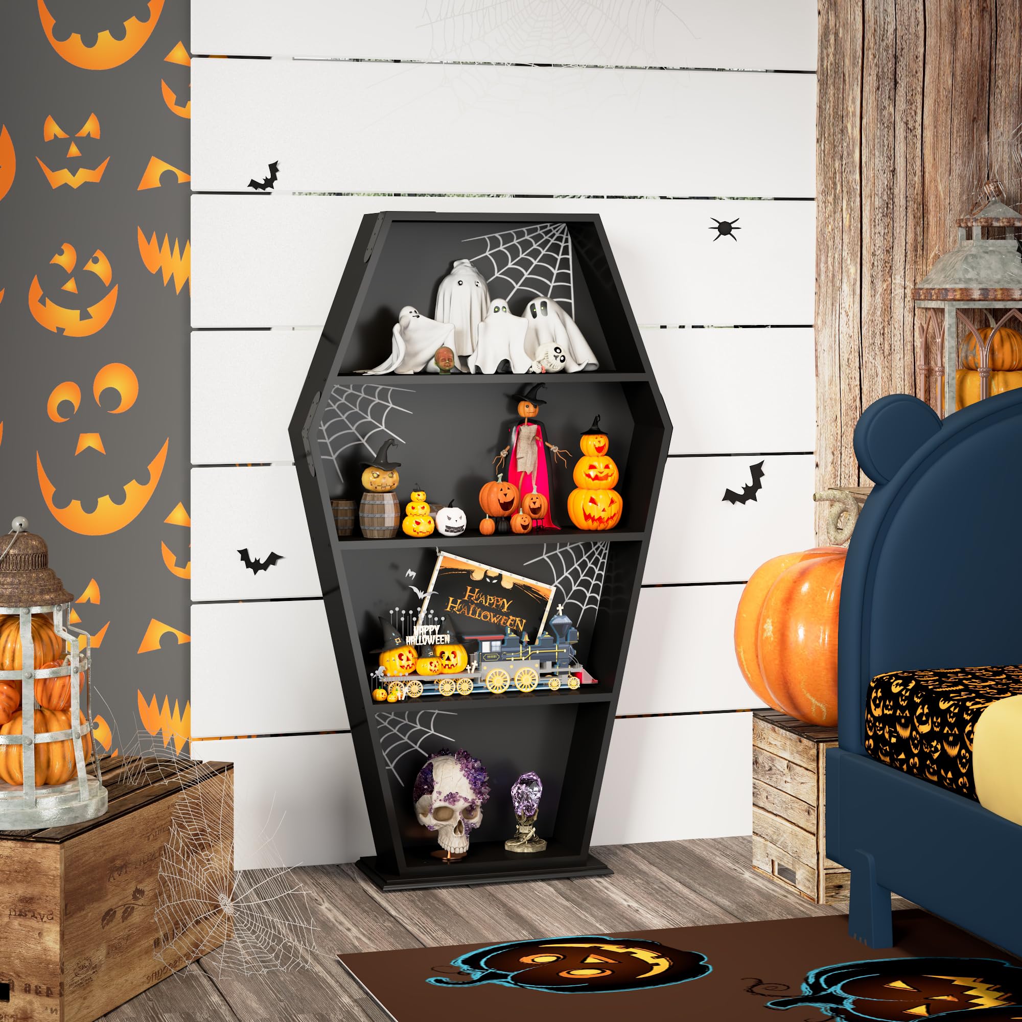 Eostbe Halloween Goth Coffin Bookshelf 48’’H - Wood Tall Coffin Shelf with Spider Web Gothic Decor,Crystal Shelf for Display, Black Spooky Curio Shelf for Home Decor, Witchy Room Decor for Oddities