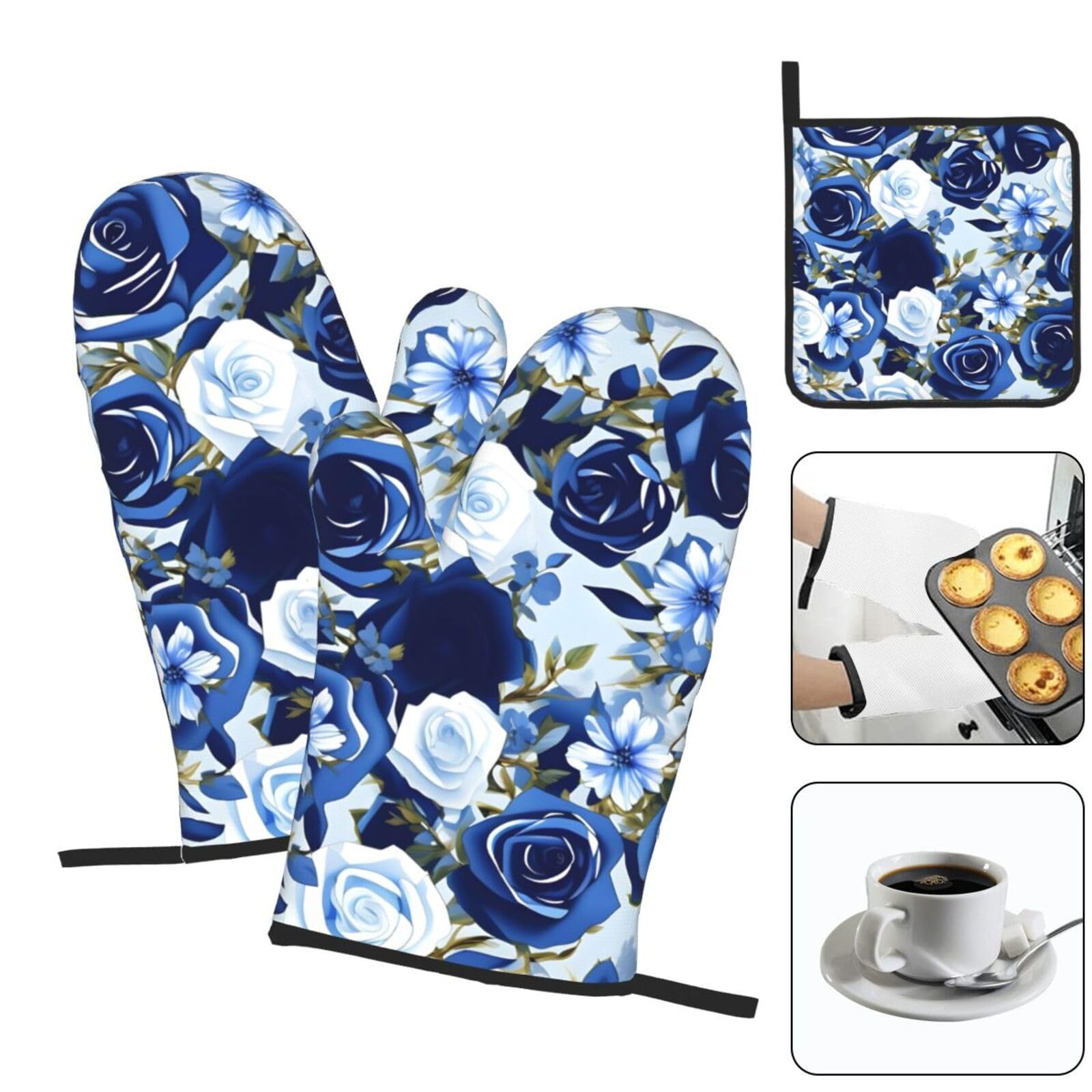 Blue Flower Floral Pattern Roses Oven Mitts and Pot Holders Set–Ultimate Heat Resistant Set for Kitchen and Dining