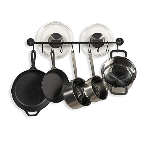 Wallniture 24" Gourmet Kitchen Rail for with 10 S Hooks for Hanging Utensils, Pot Pan Lid Rack Storage Organizer Set, Steel, Black
