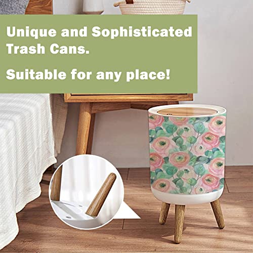 Small Trash Can with Lid watercolor seamless with delicate roses and eucalyptus on light pink Round Garbage Can Press Cover Wastebasket Wood Waste Bin for Bathroom Kitchen Office 7L/1.8 Gallon
