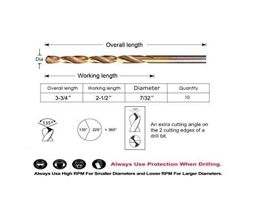 DRILLFORCE HSS Jobber Length 10 PCS,7/32" x 3-3/4"Titanium Coated Twist Drill Bits, Metal Drill, Ideal for Drilling on mild Steel, Copper, Aluminum, Zinc Alloy etc. Pack in Plastic Bag (7/32)