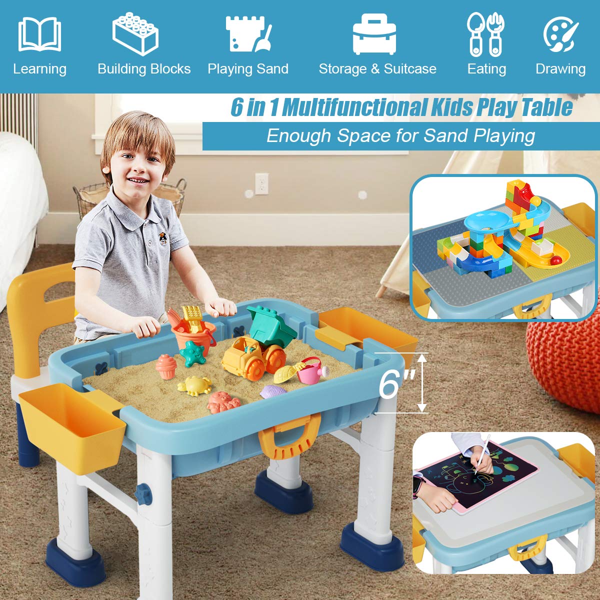 Costzon Kids Table and Chair Set, 7 in 1 Activity Table for Toddlers Drawing, Arts, Building Blocks, Sand Table, Convertible to Luggage with Wheels, Height Adjustable Children Table with Storage